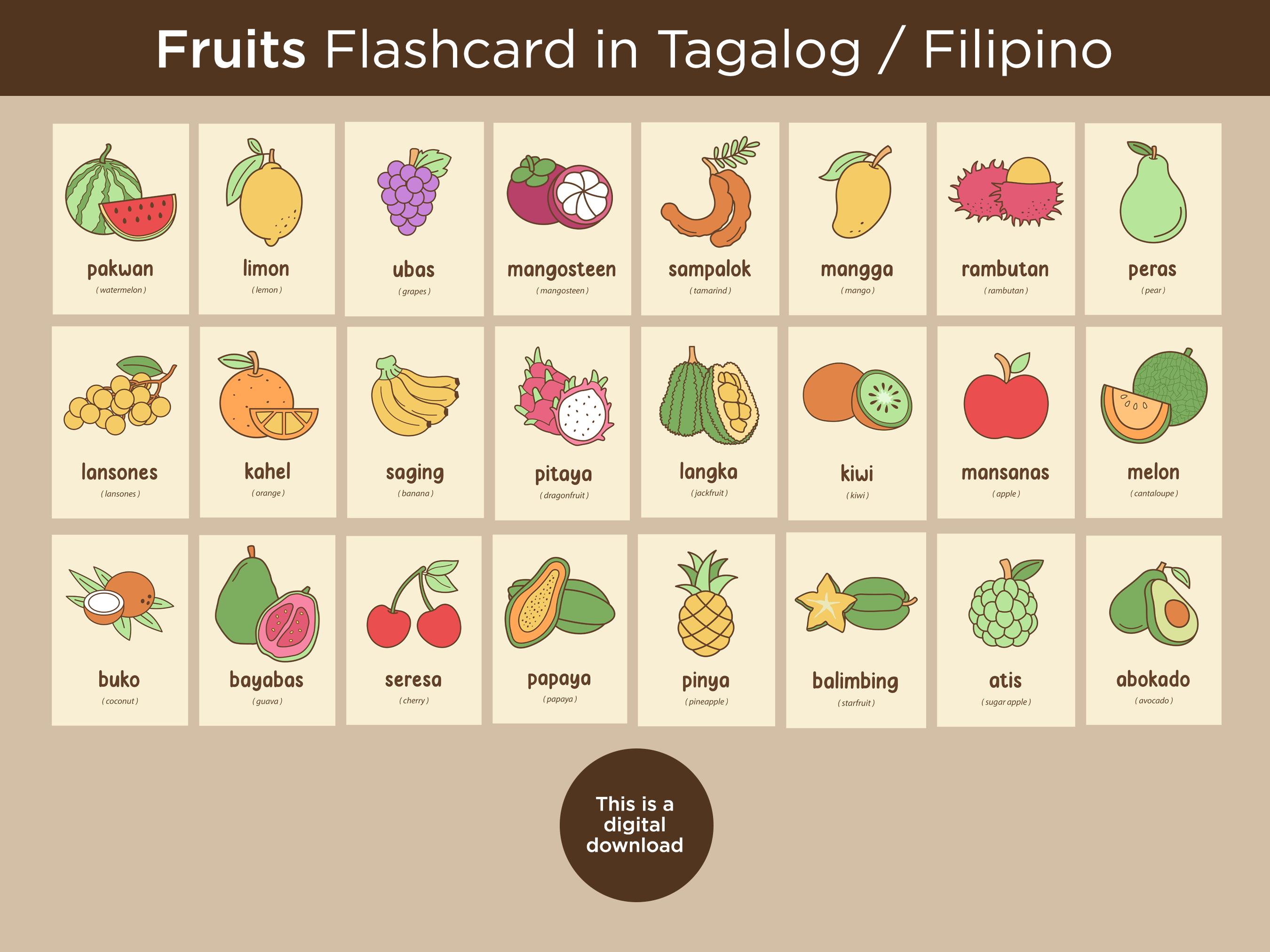 Tagalog Fruits Flashcards With English Translation (printable Cards) - Etsy