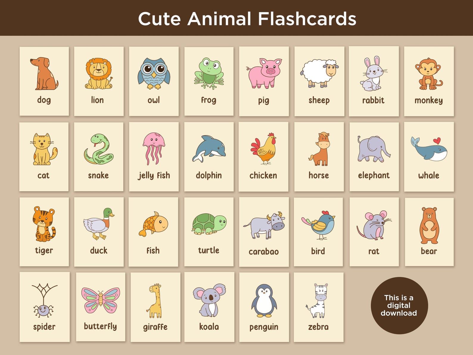 30 Cute Animal Flashcards, Pre-school Cards, Montessori Flash Cards ...