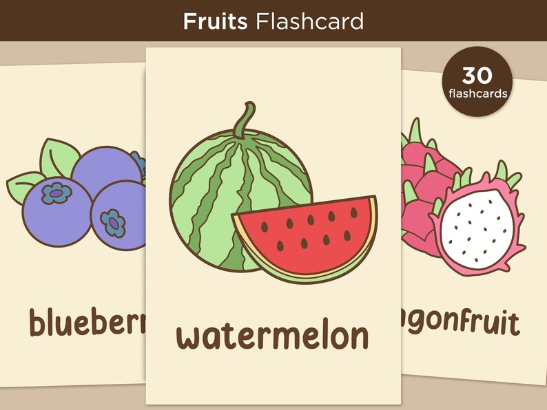 30 Illustrative Fruit Flashcards, Montessori Cards, Nomenclature ...