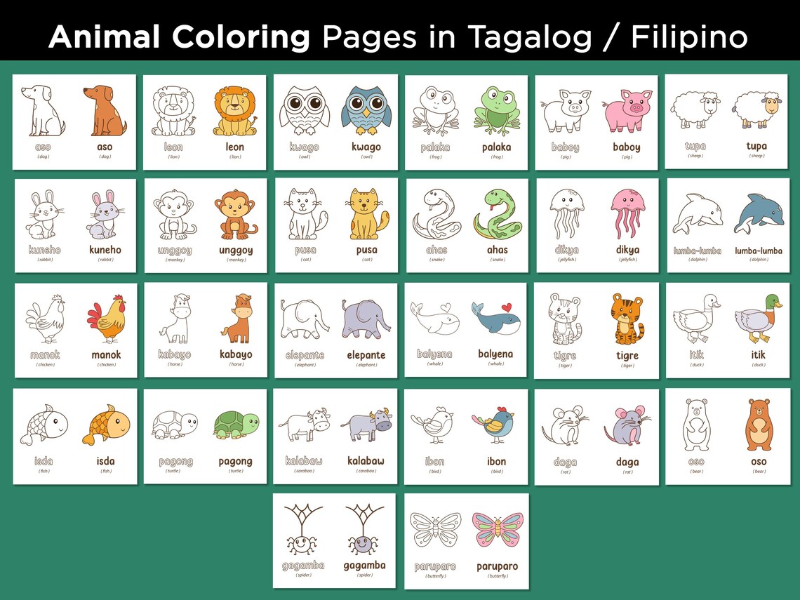 Filipino Coloring Pages, Cute Animals Coloring Sheet in Tagalog English ...