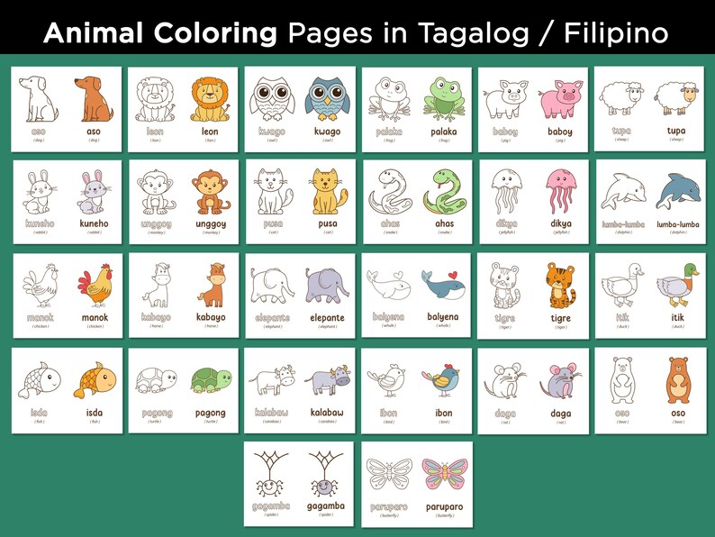 Filipino Coloring Pages, Cute Animals Coloring Sheet in Tagalog English ...