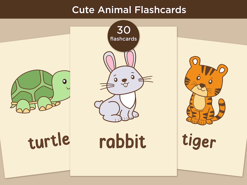 30 Cute Animal Flashcards, Pre-school Cards, Montessori Flash Cards ...