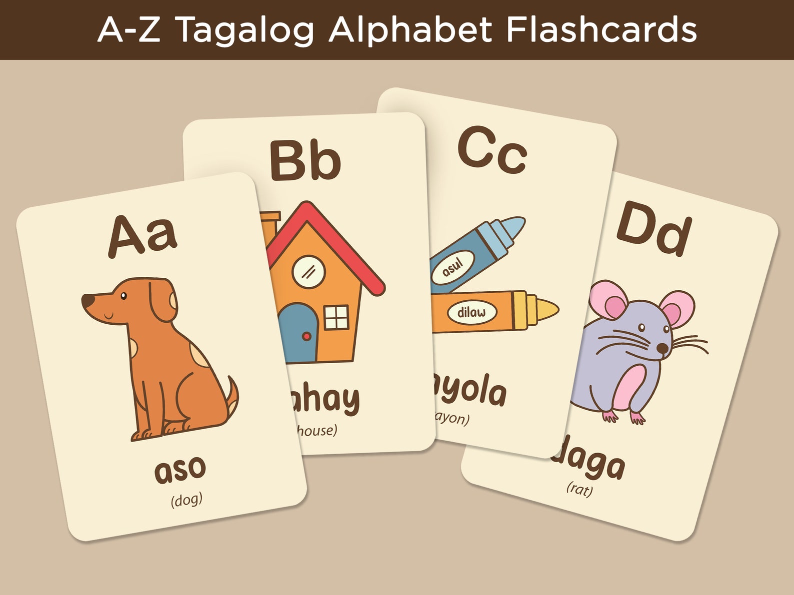 Filipino Alphabet Flashcards, Tagalog Flashcards Alphabets With English ...