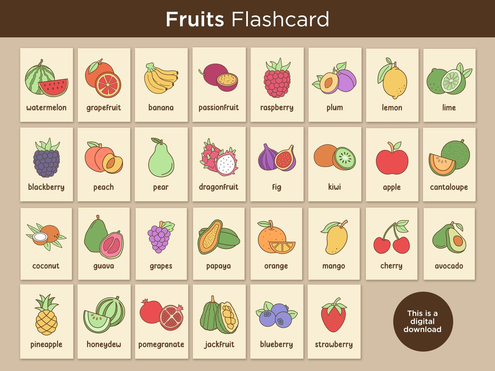 30 Illustrative Fruit Flashcards, Montessori Cards, Nomenclature ...