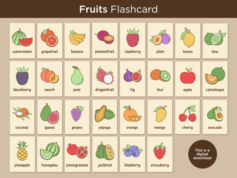 30 Illustrative Fruit Flashcards, Montessori Cards, Nomenclature ...