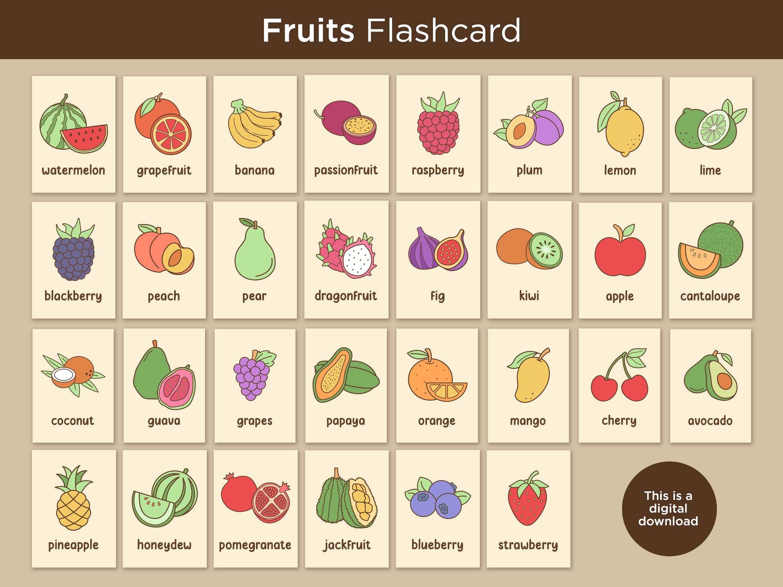 30 Illustrative Fruit Flashcards, Montessori Cards, Nomenclature ...
