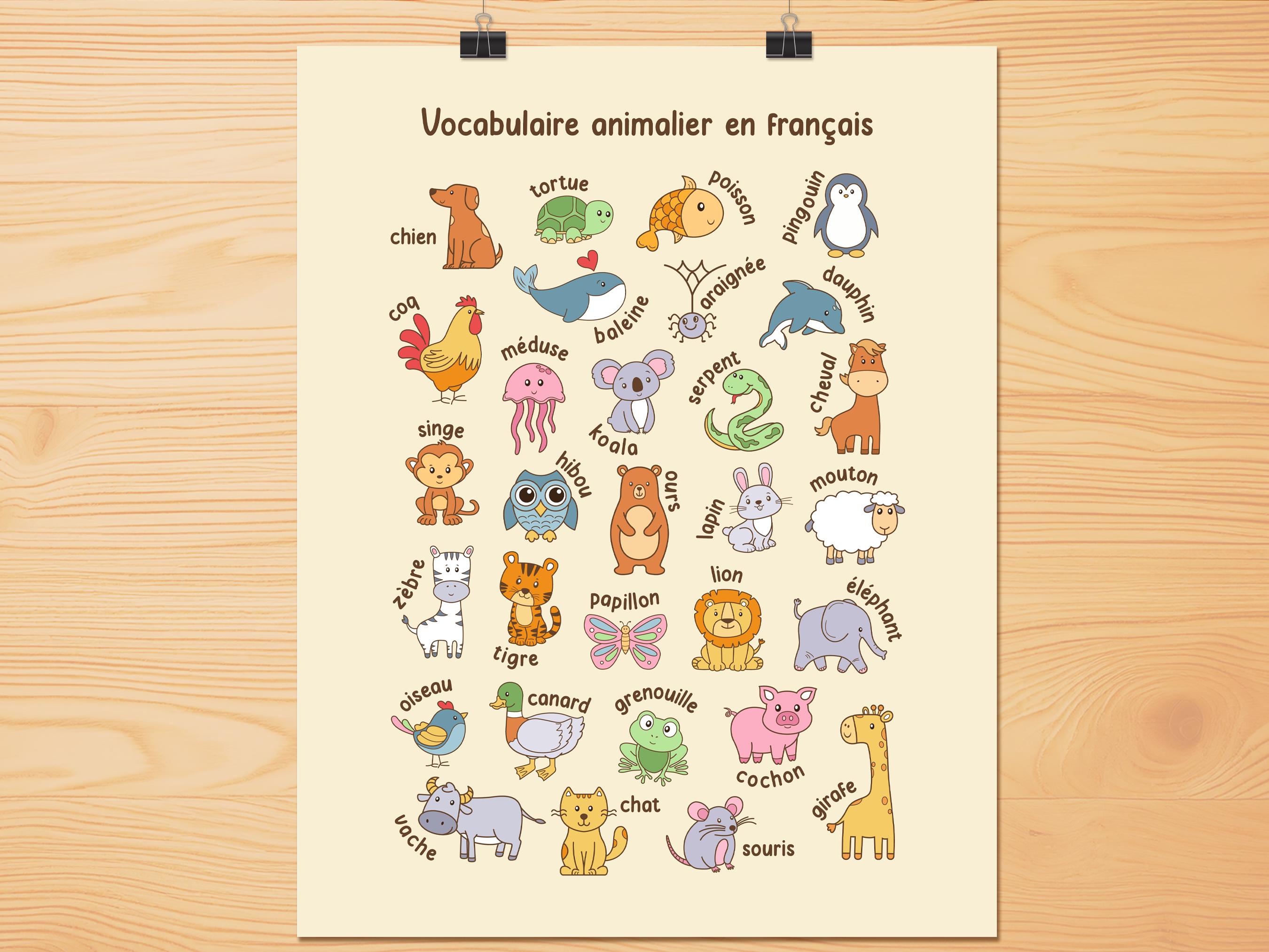 French Animal Names Chart, Educational Wall Print in French Language ...