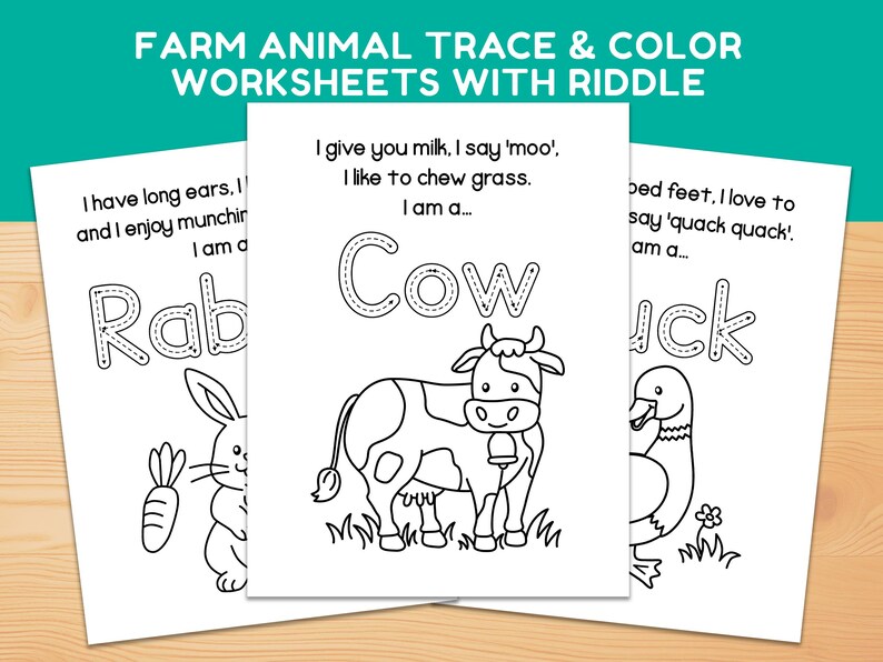 Farm Animal Trace & Color Worksheets | 10 Farm Animal Coloring Pages ...