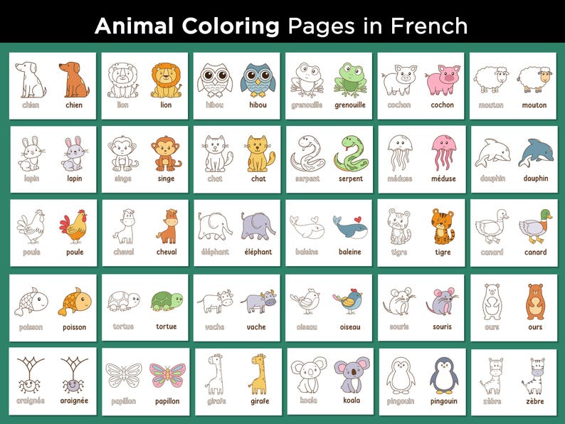 Animal Coloring in French, Coloring Worksheet for Kids, Animal ...