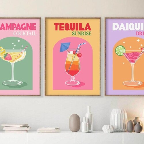 Retro Cocktail Print Set of 3 Colorful Cocktail Gallery Wall - Etsy