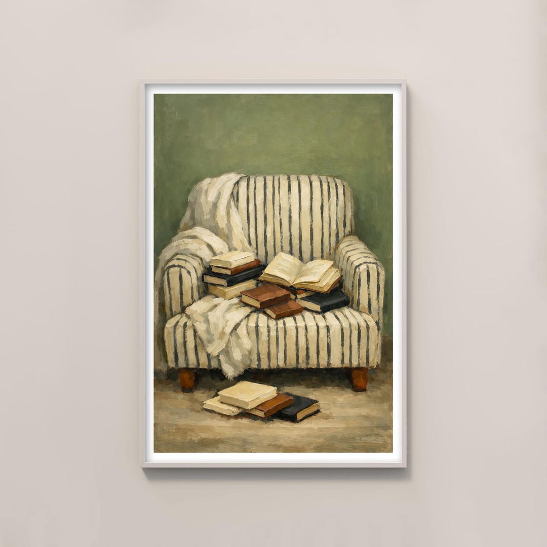 Cozy Reading Chair Wall Art Print, Vintage Books Illustration Poster ...