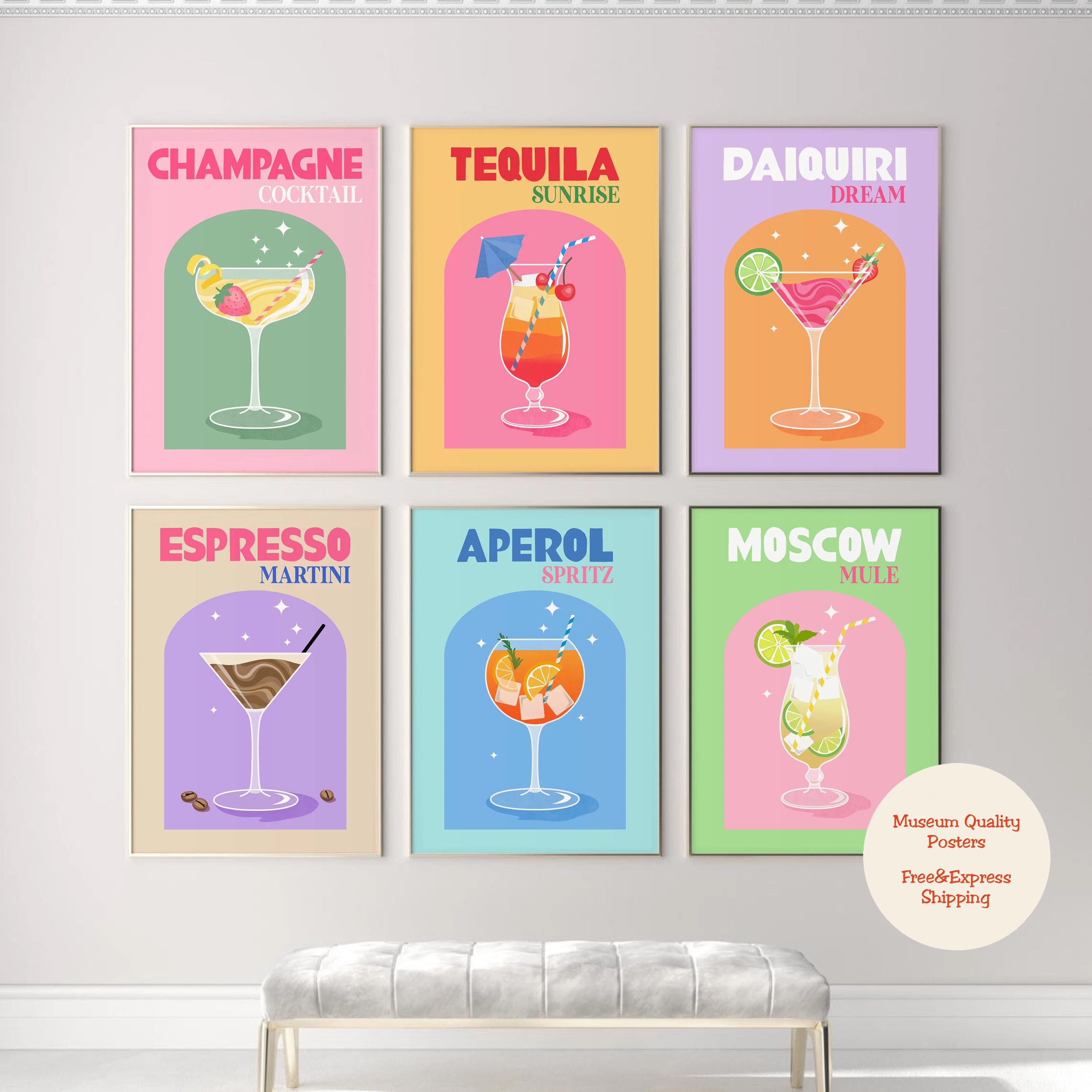 Retro Cocktail Print Set of 6, Bar Cart Wall Art, Colorful Cocktail ...