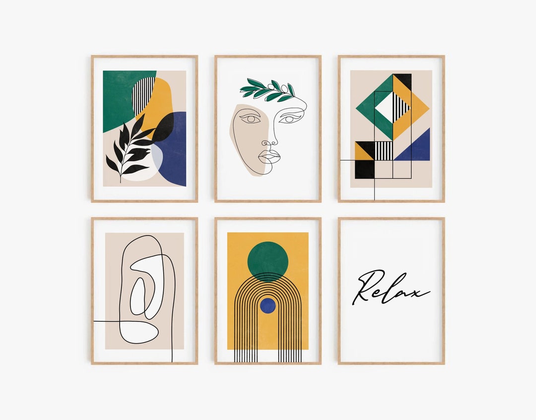 Mid Century Modern Art Print Set of 6, Mustard Green Navy Abstract Wall ...