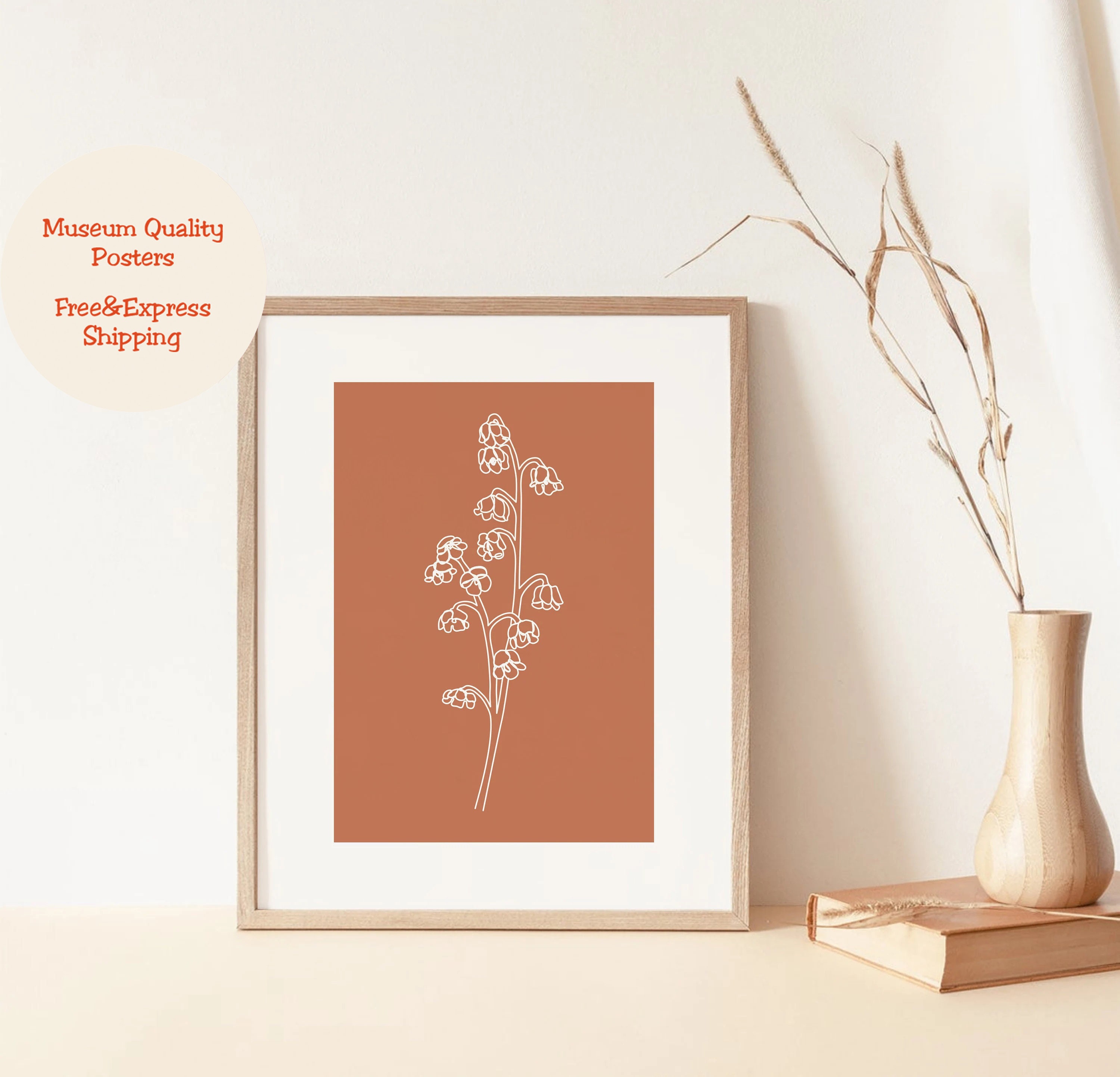 Boho Floral Line Art Prints Set of 3, Terracotta Botanical Wall Art ...