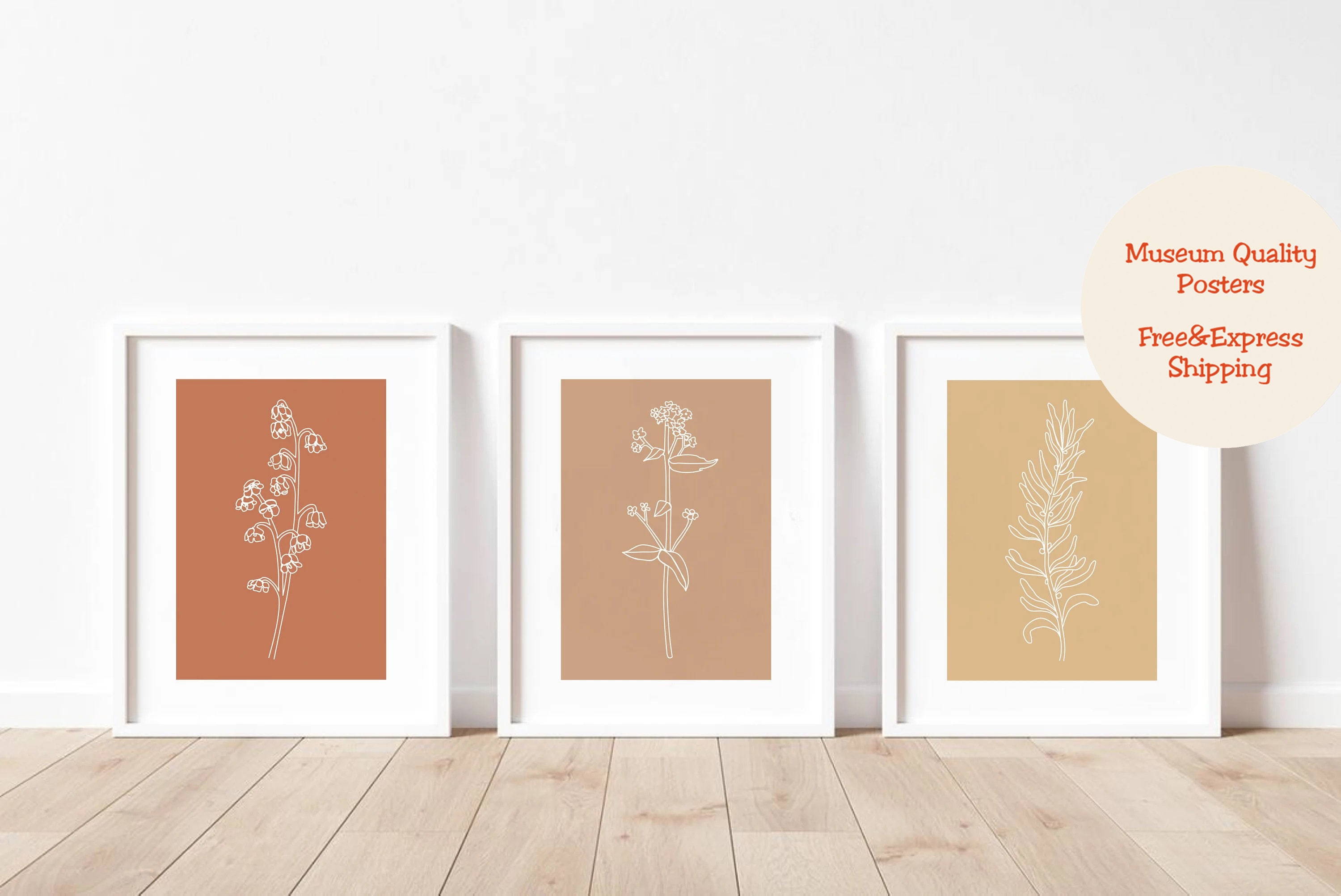 Boho Floral Line Art Prints Set of 3, Terracotta Botanical Wall Art ...