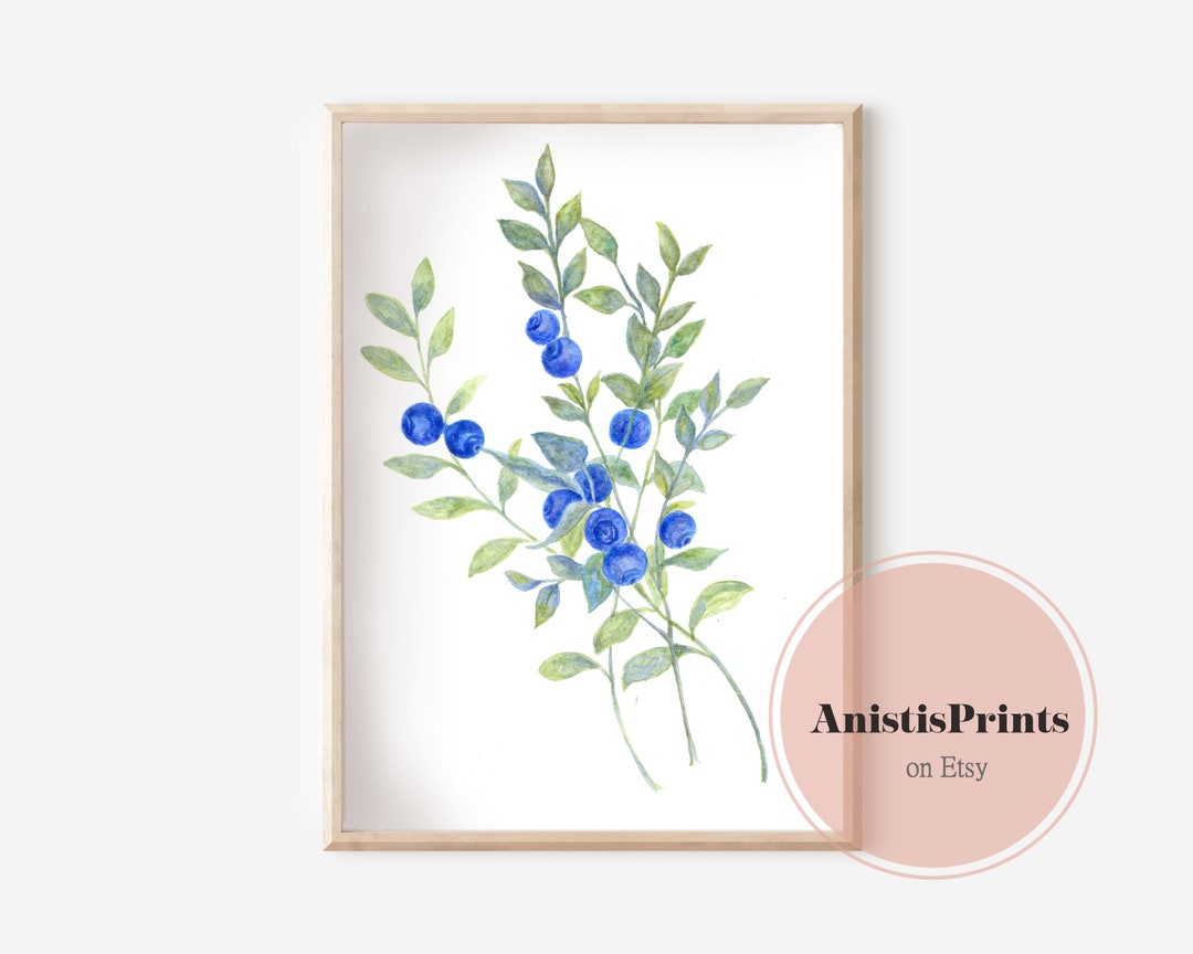 Blueberry Branch Watercolor Painting, Garden Harvest Art, Home Decor ...