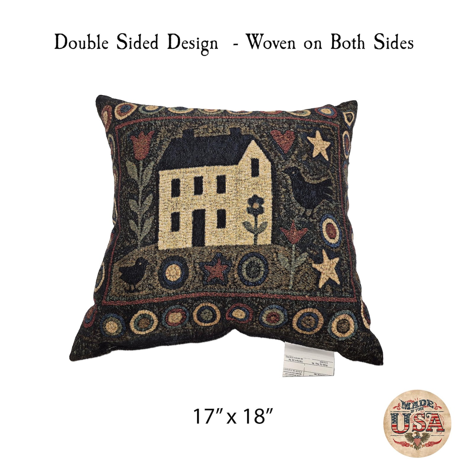 Primitive Saltbox House Woven Throw Pillow - Folk Art Crow & Tulips ...