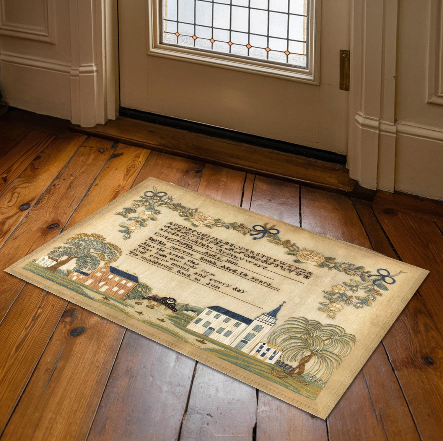 Colonial House and Church Sampler Rug - Primitive Folk Art , Home Decor ...