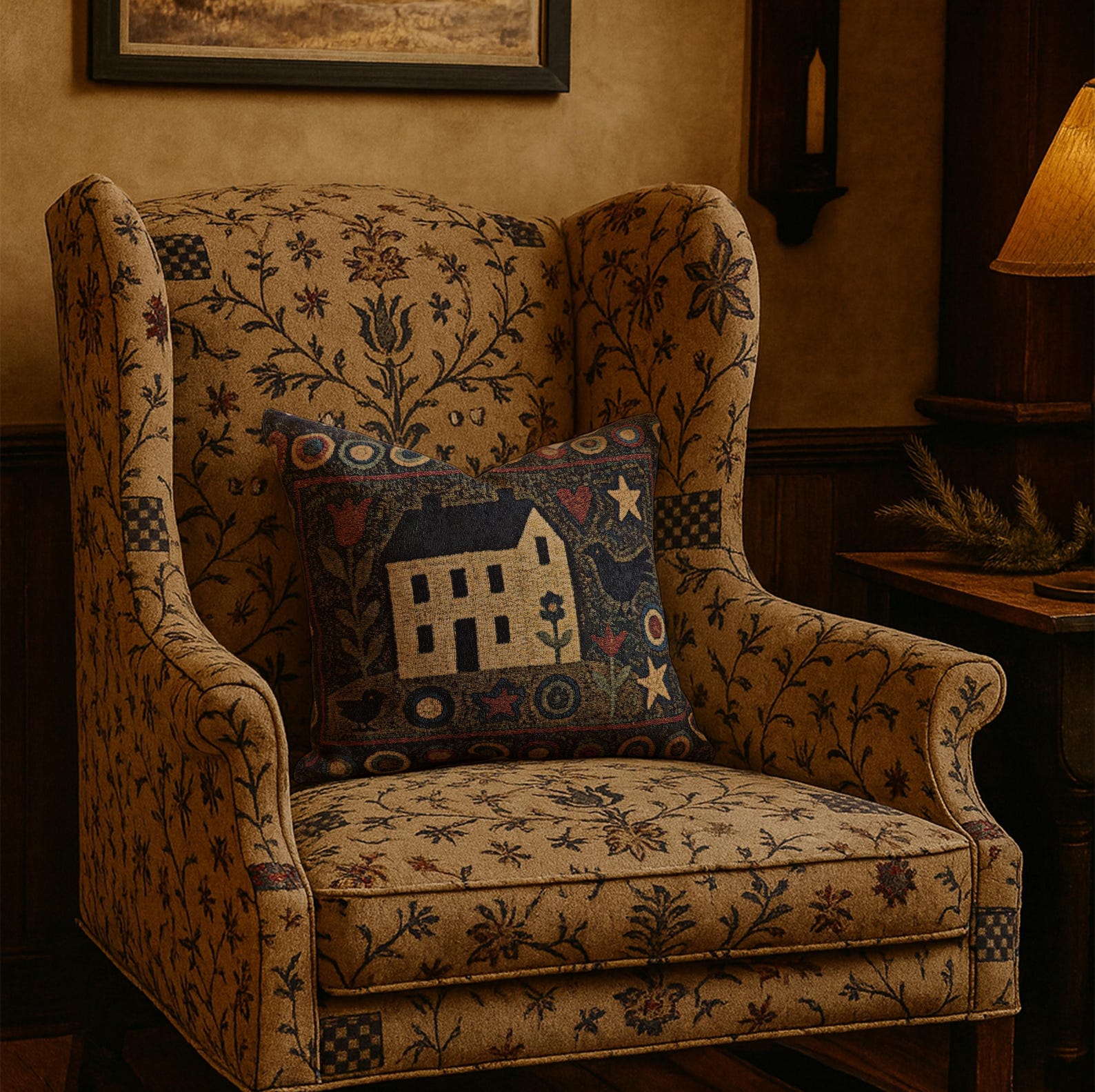 Primitive Saltbox House Woven Throw Pillow - Folk Art Crow & Tulips ...