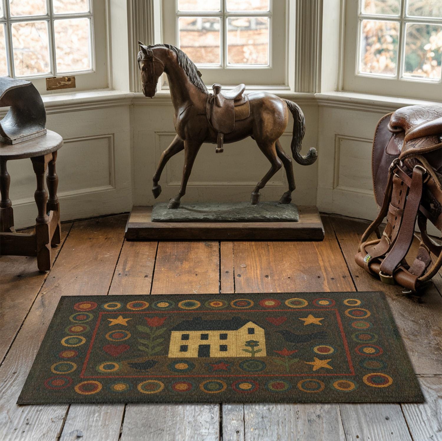 Primitive Saltbox House Penny Rug - Primitive Style, Colonial Folk Art ...