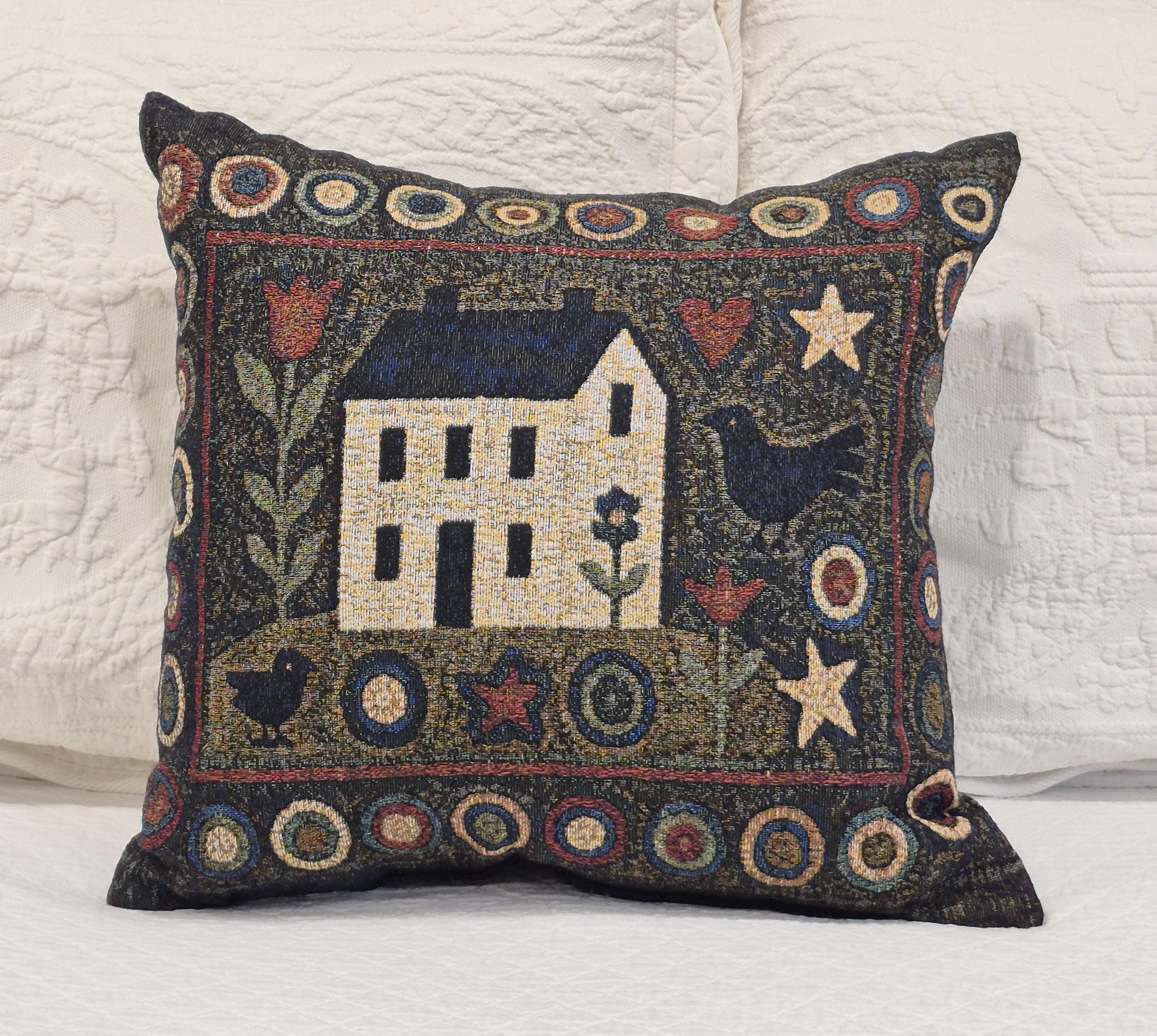 Primitive Saltbox House Woven Throw Pillow - Folk Art Crow & Tulips ...