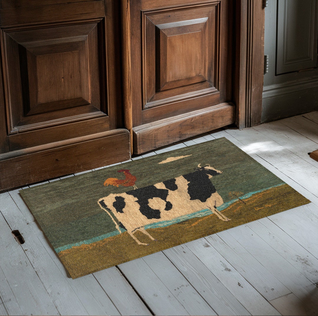 Folk Art Chicken and Cow Floor Rug - Primitive Design, Farmhouse Art ...