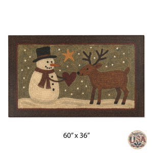 Primitive Snowman & Reindeer Heart Floor Mat - Christmas Folk Art Decor ...