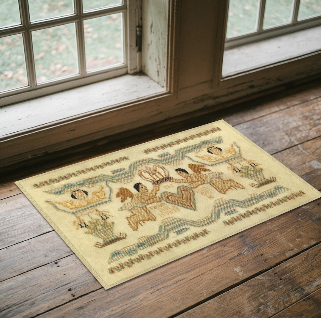 Vintage Cupid Sampler Rug - Primitive Folk Art , Home Decor, Farmhouse ...