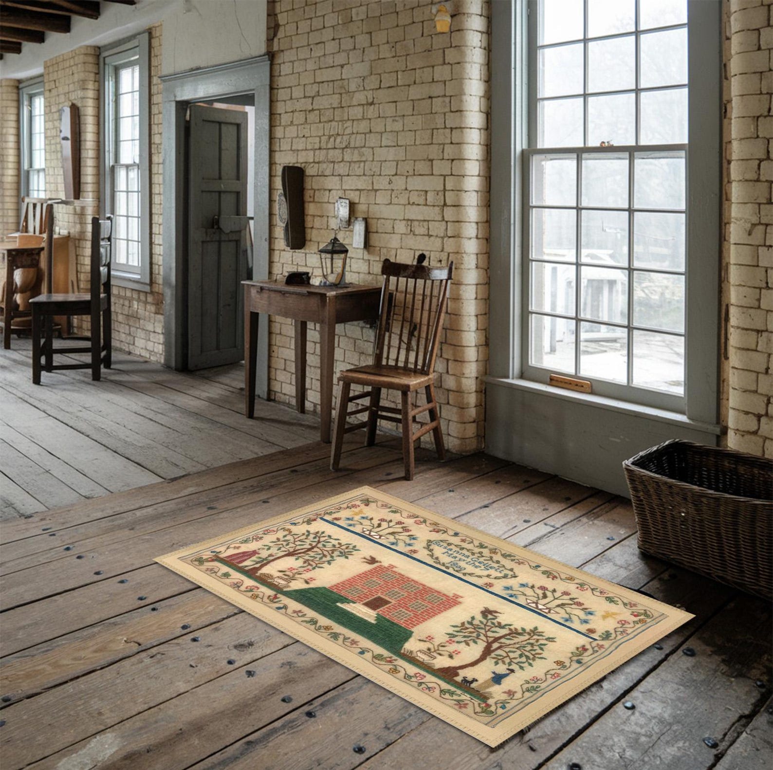 Primitive Colonial House Sampler Rug - Folk Art , Home Decor, Antique ...