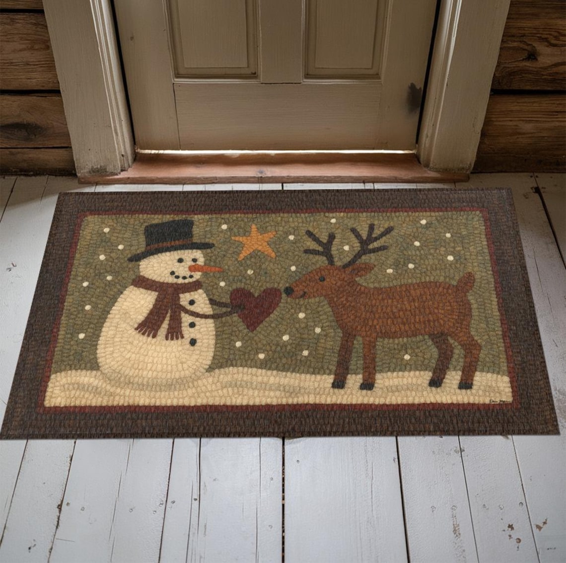 Primitive Snowman & Reindeer Heart Floor Mat - Christmas Folk Art Decor ...