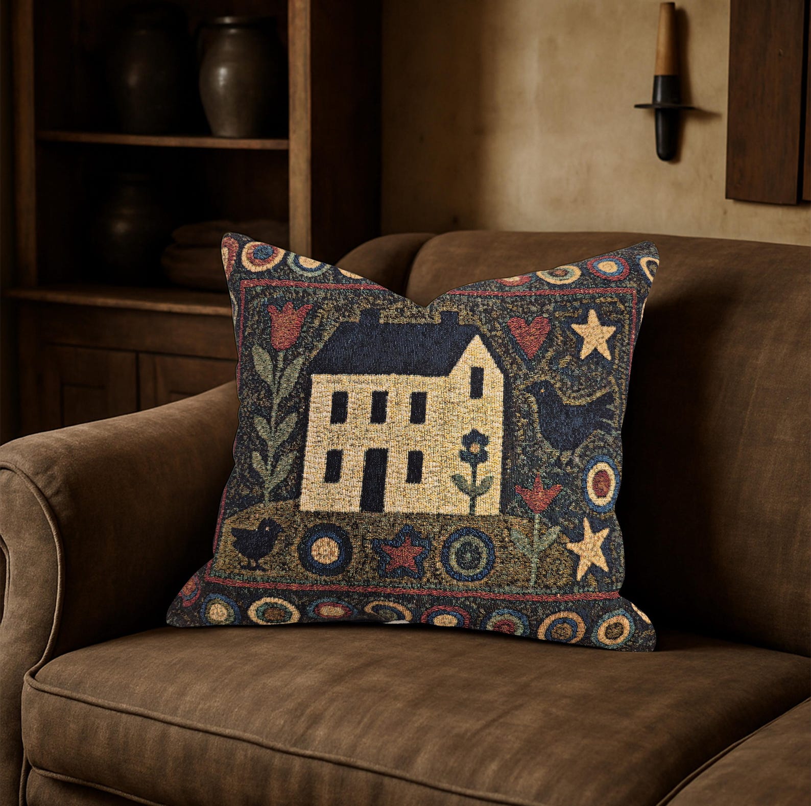 Primitive Saltbox House Woven Throw Pillow - Folk Art Crow & Tulips ...