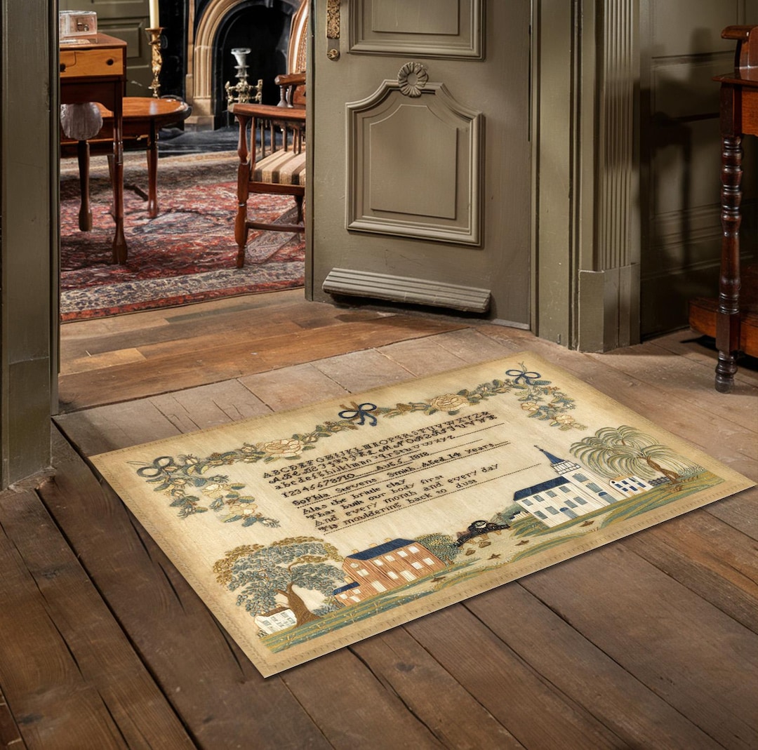 Colonial House and Church Sampler Rug - Primitive Folk Art , Home Decor ...