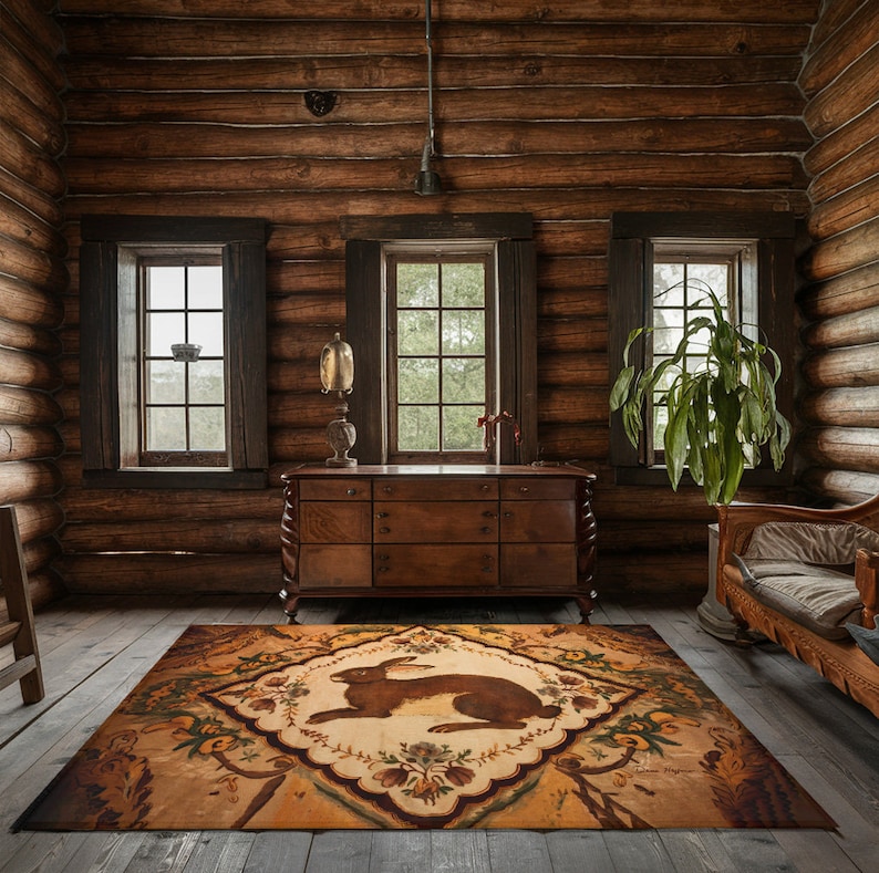 Colonial America Inspired Rabbit Folk Art Rug Handmade Home Decor ...