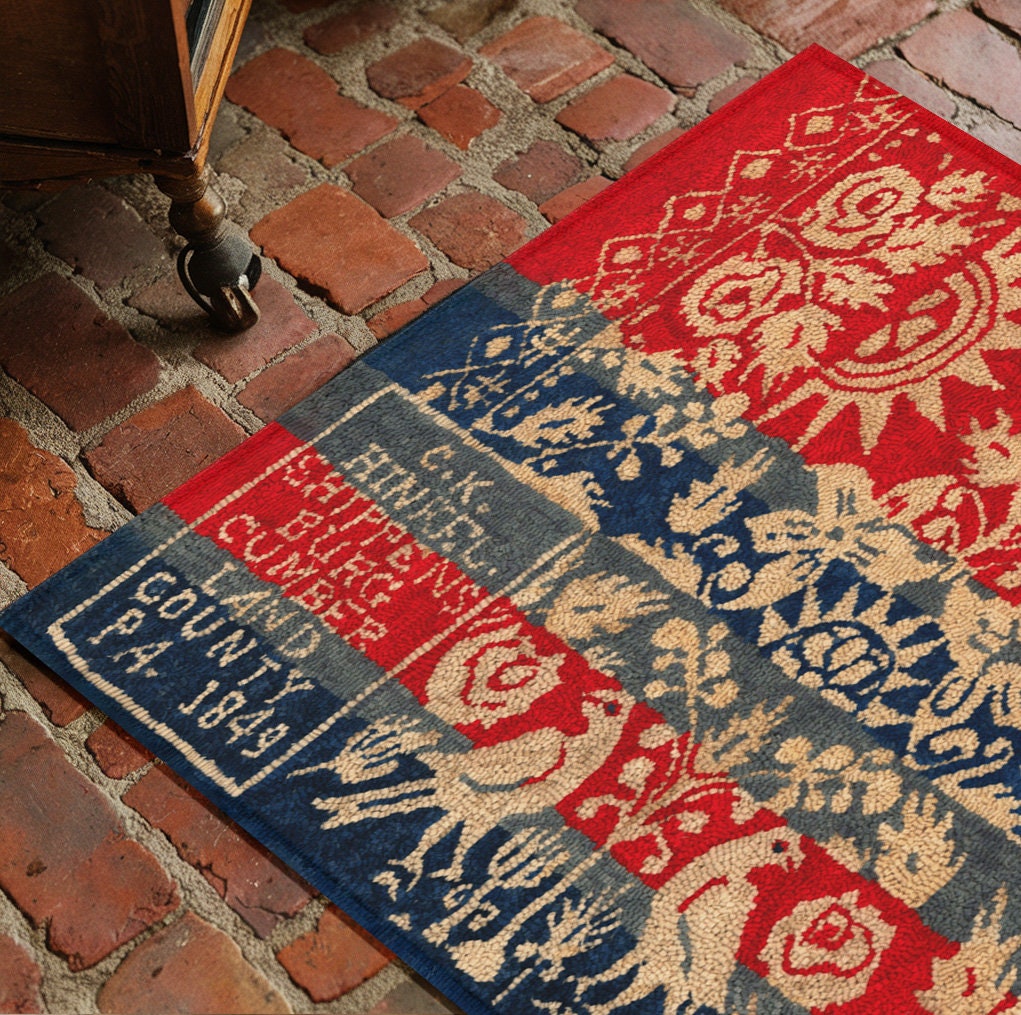 Pennsylvania Dutch Fraktur Folk Art Rug 1849 Handcrafted Primitive ...
