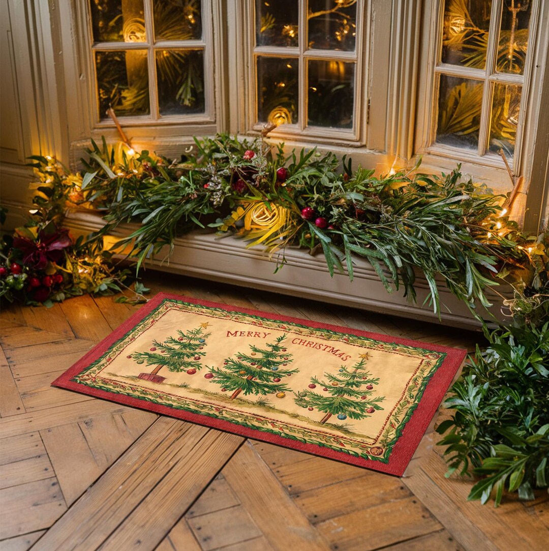 Primitive Christmas Tree Rug - Handcrafted Folk Art , Farmhouse Antique ...