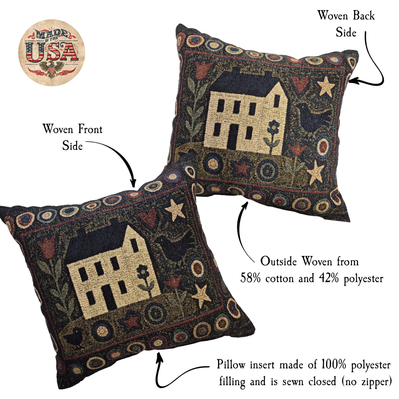 Primitive Saltbox House Woven Throw Pillow - Folk Art Crow & Tulips ...