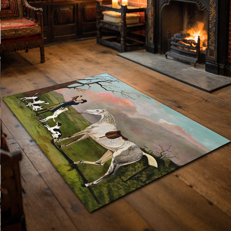 The Fox Hunt Floor Rug, Farmhouse Vintage Chic, Antique Decor, Handmade ...