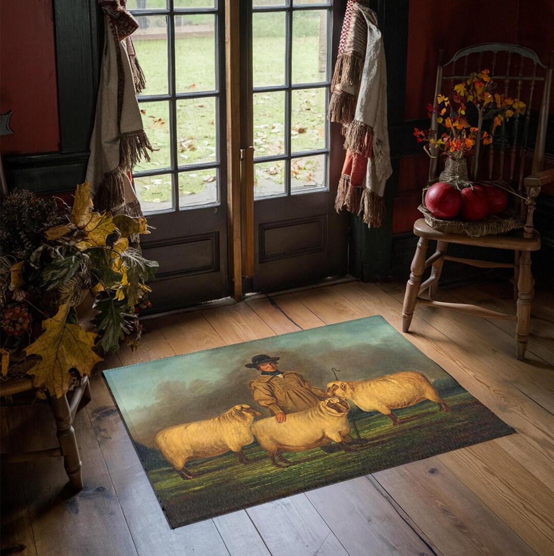 Shepherd and His Sheep Primitive Folk Art Rug - Farmhouse Antique ...
