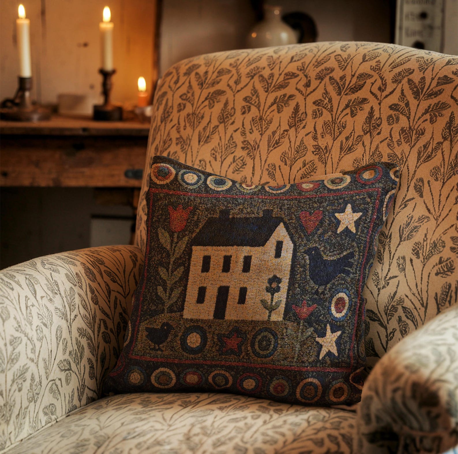 Primitive Saltbox House Woven Throw Pillow - Folk Art Crow & Tulips ...