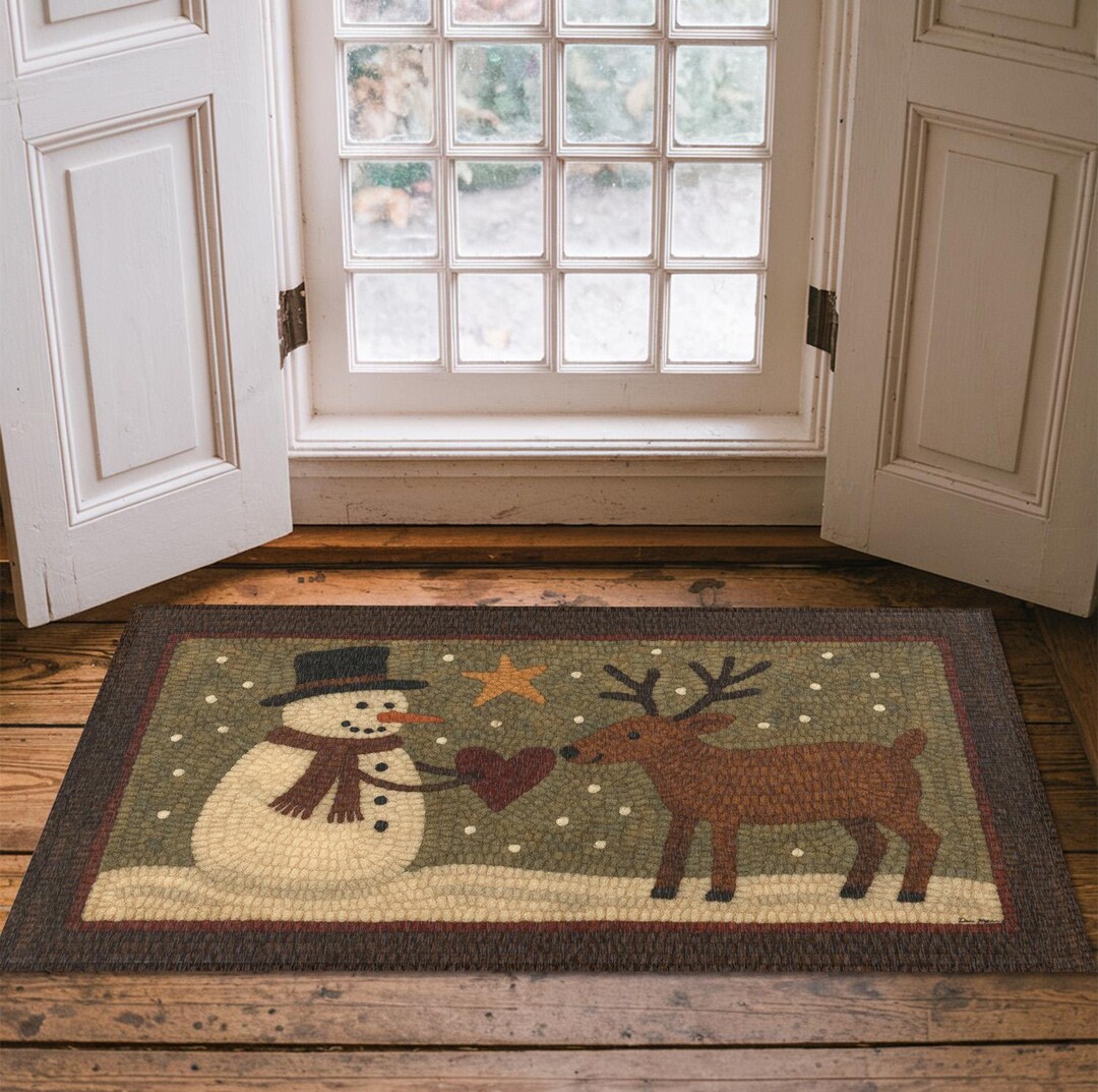 Primitive Snowman & Reindeer Heart Floor Mat - Christmas Folk Art Decor ...