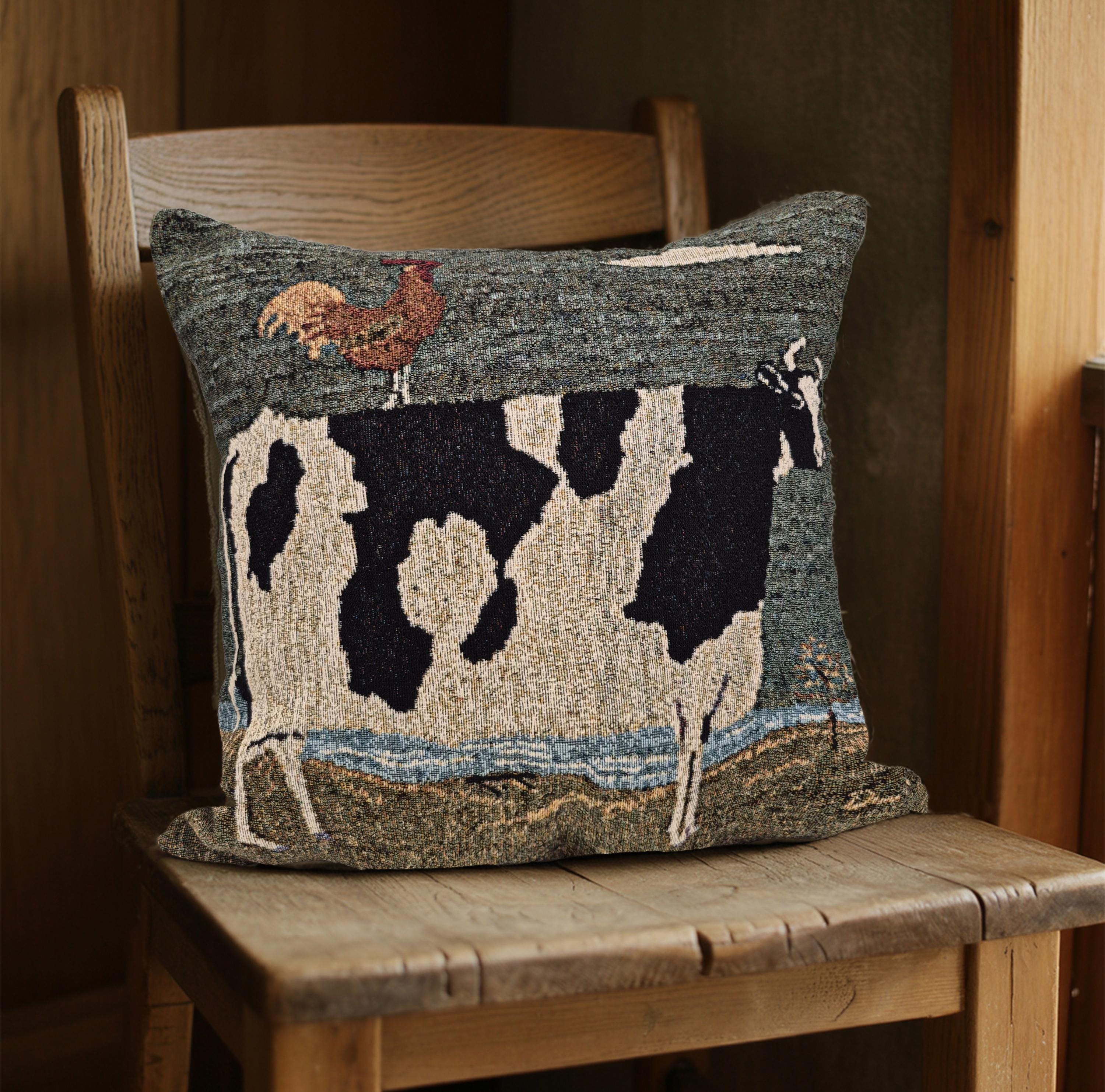 Folk Art Chicken & Cow Woven Pillow - Rustic Farmhouse, Barnyard Decor ...