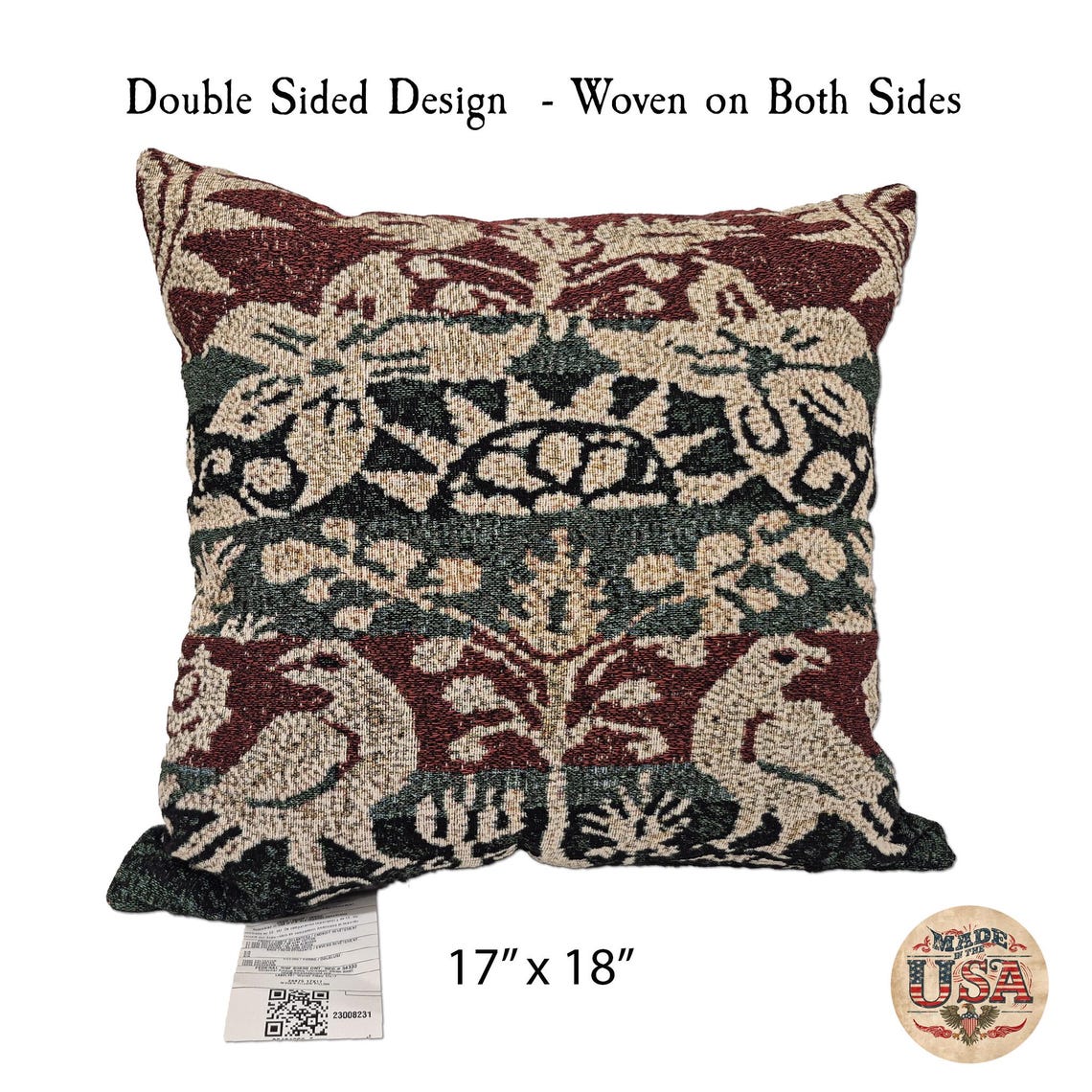 Pennsylvania Dutch Fraktur Woven Pillow - Folk Art Crow & Tulips in Red ...
