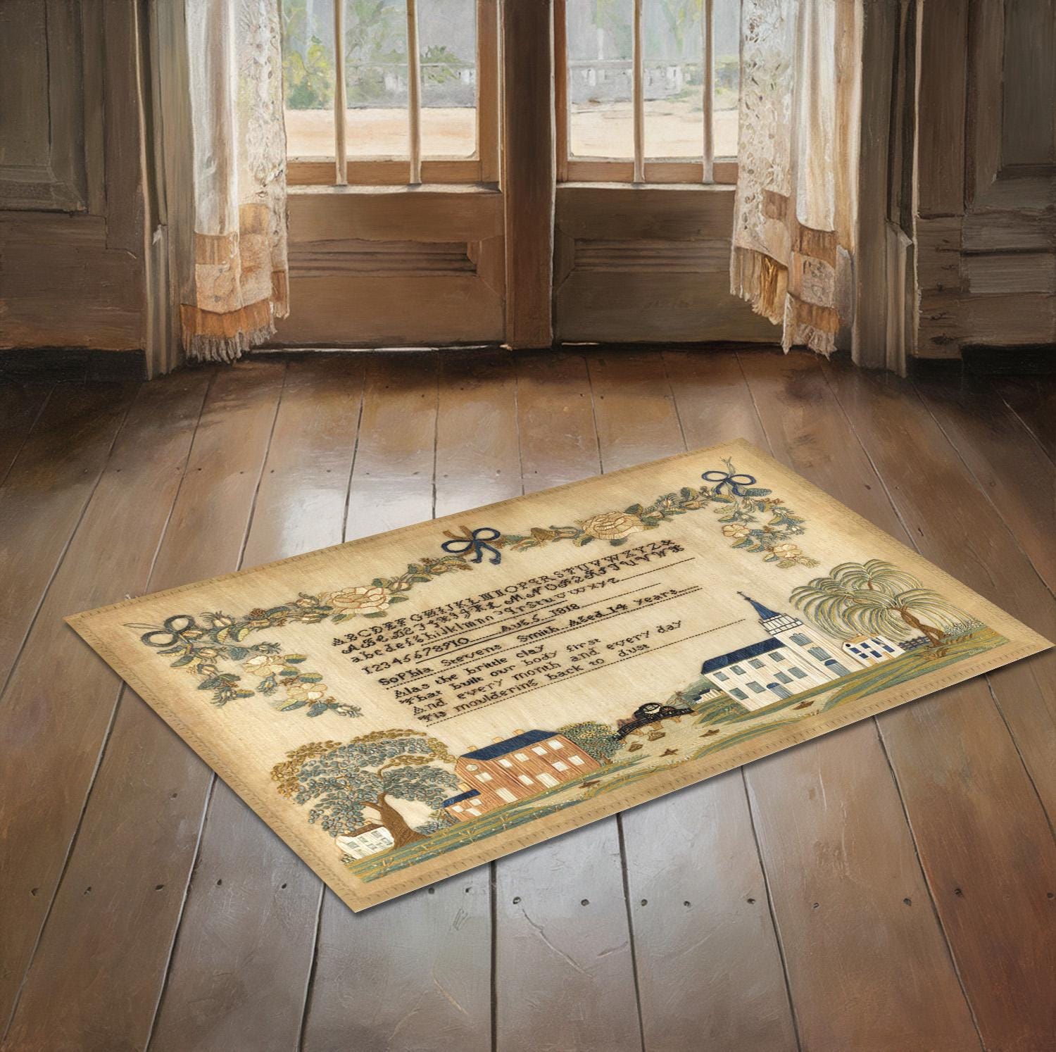 Colonial House and Church Sampler Rug - Primitive Folk Art , Home Decor ...