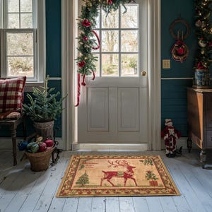 Primitive Reindeer Christmas Rug - Handcrafted Folk Art , Farmhouse ...