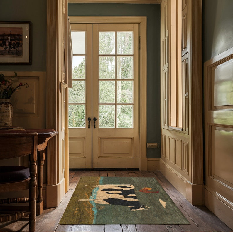 Folk Art Chicken and Cow Floor Rug Primitive Design, Farmhouse Art ...