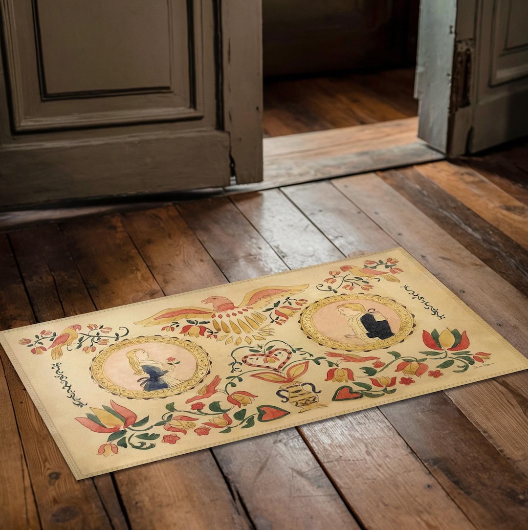 18th Century Colonial Couple Fraktur Rug - Primitive Folk Art , Home ...