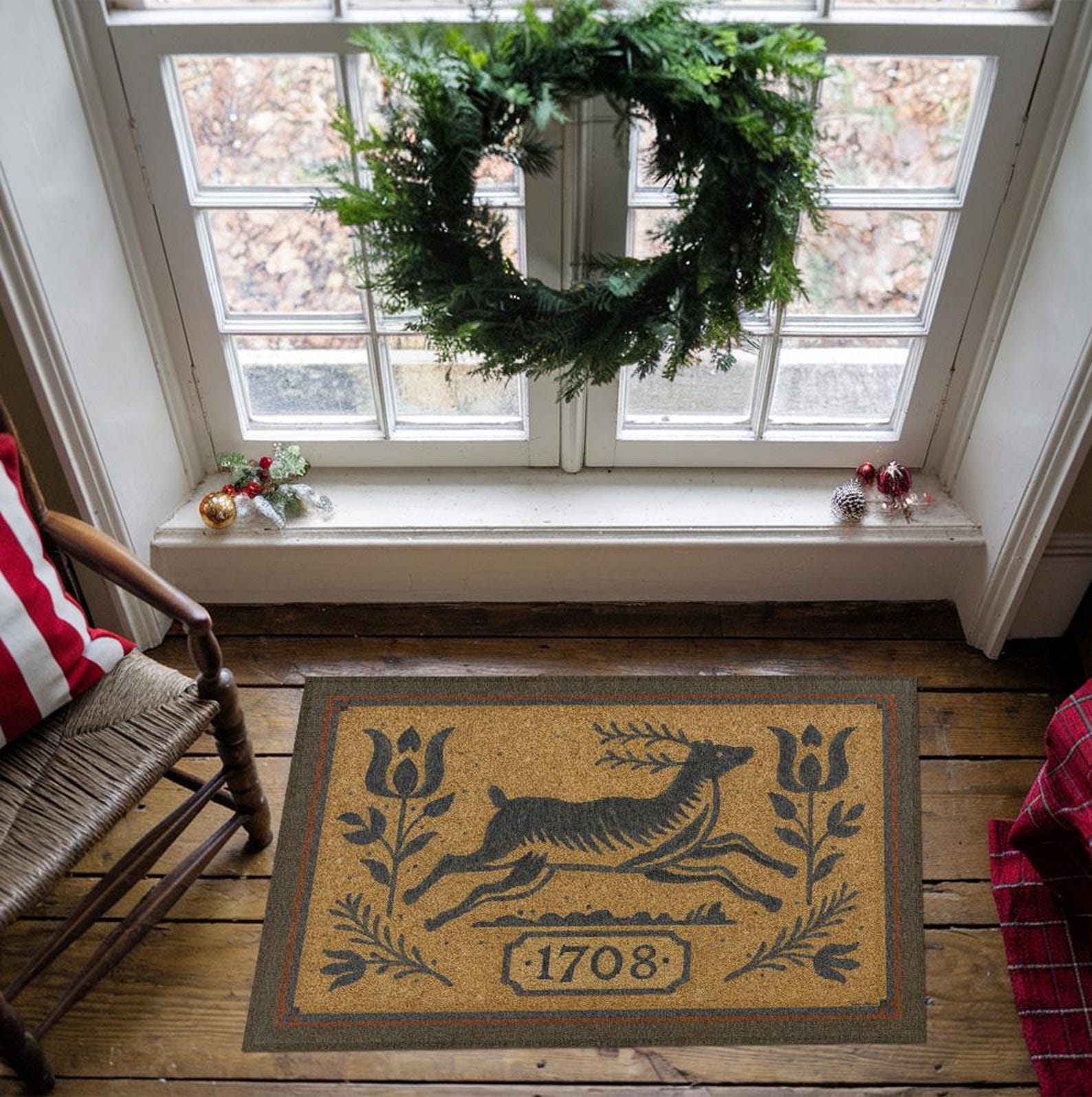 1708 Leaping Stag Primitive Rug - Rustic Colonial Deer, Folk Art, Early ...