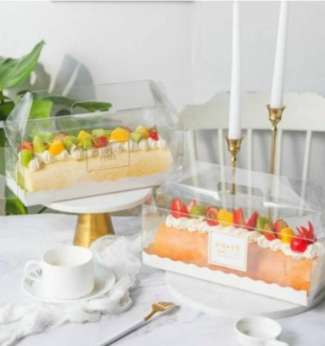 Clear Plastic Swiss Roll Cake Box With White Inserts & Handle (5pcs Set ...