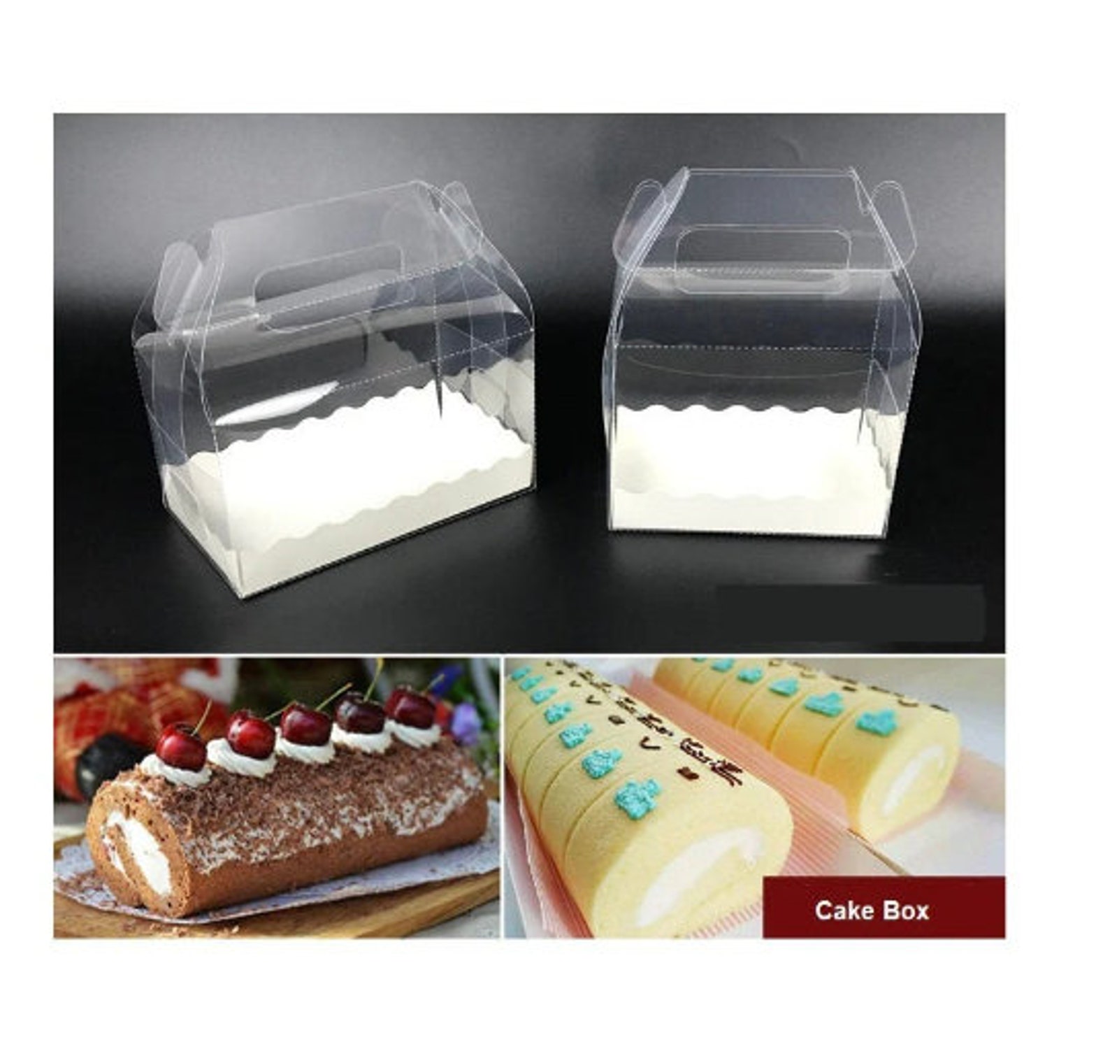 Clear Plastic Swiss Roll Cake Box With White Inserts & Handle (5pcs Set ...