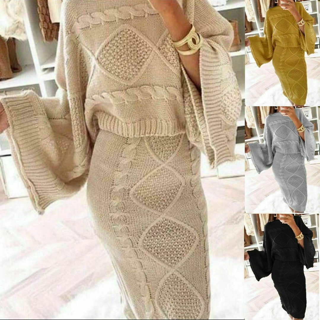 Womens Ladies Chunky Cable Knitted Co-ord Flared Two Piece Top Skirt Dress Suit - Etsy UK